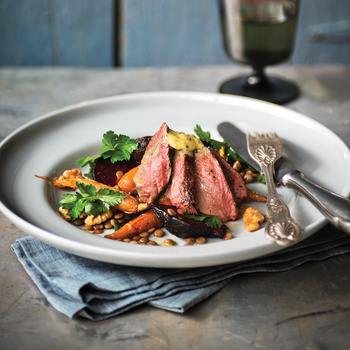 Paroo Kangaroo Fillet with Anchovy Butter served with Roasted Baby Car ...